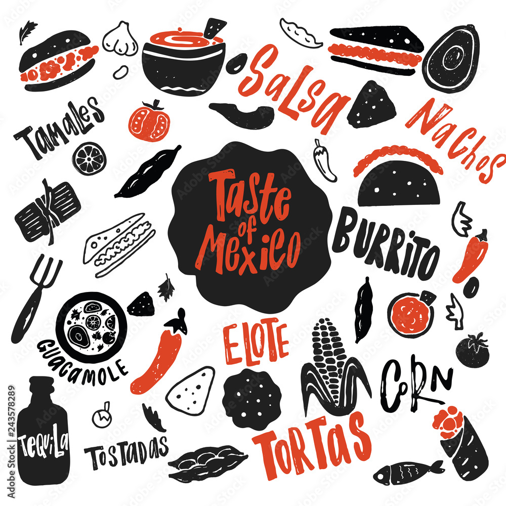 Taste of Mexico. Funny hand drawn vector illustration with names of ...