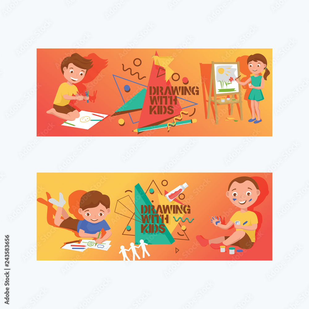 Drawing kids vector boy girl character painting in childish art-school ...