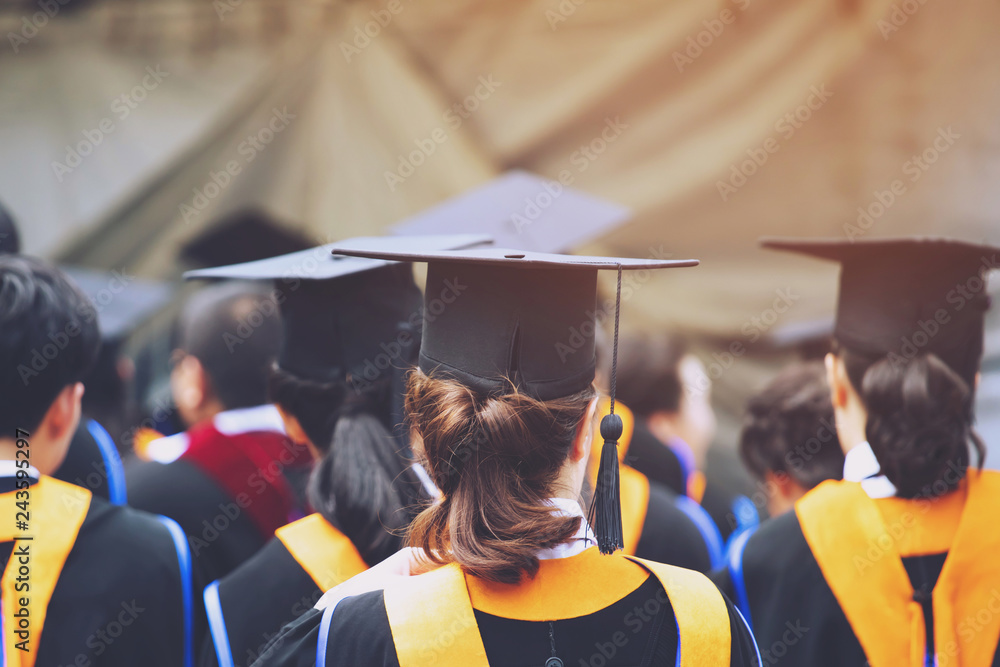 Foto de shot of graduation hats during commencement success graduates ...