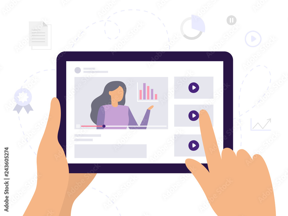 People learn using online video courses, watching a video with ...