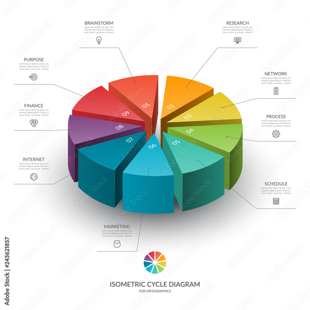 Isometric cycle diagram for infographics. Vector chart with 9 parts ...