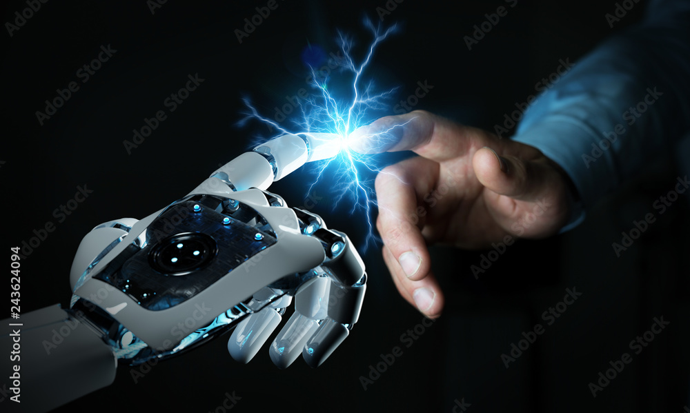 Robot hand creating electricity with human hand 3D rendering Stock-Foto ...