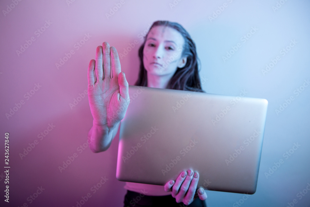 young attractive teenager girl suffering cyberbullying or exposed to ...