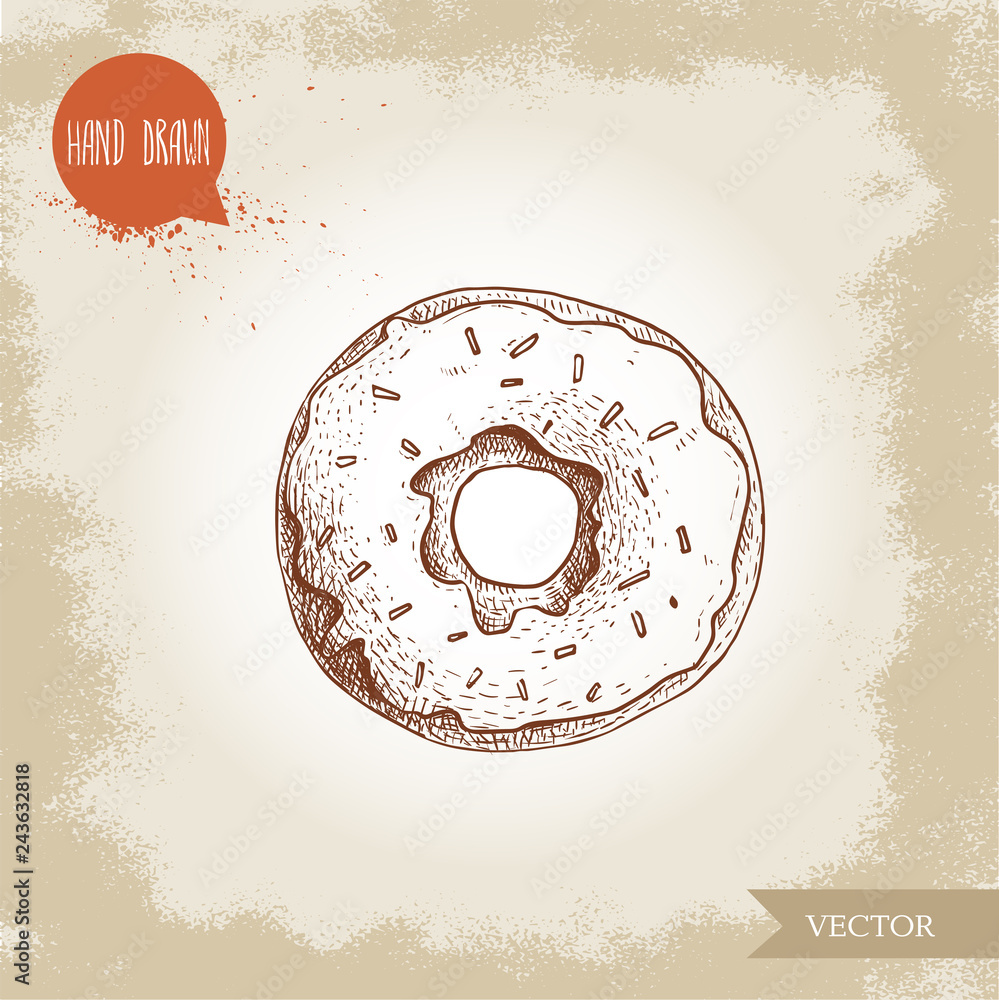Hand drawn sketch style donut with sprinkles. Bakery good top view with ...