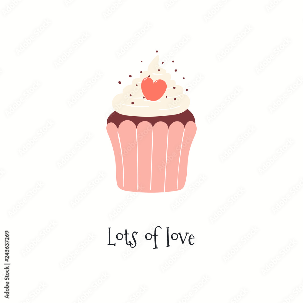 Hand drawn Valentines day card with cute cupcake, heart, text Lots of ...