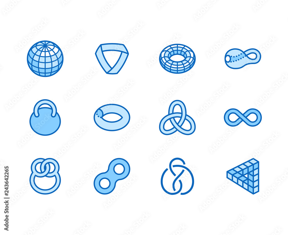 Geometric shapes flat line icons set. Topology figures sphere, torus ...