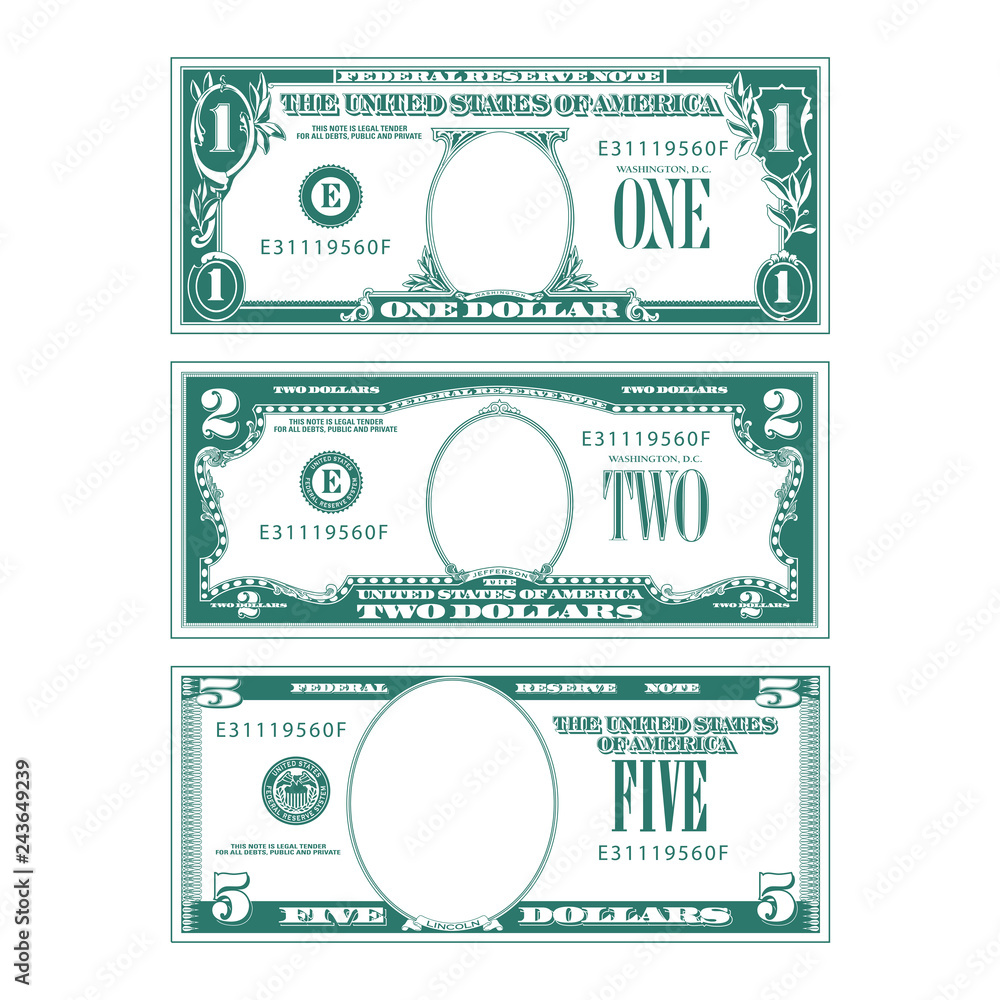 Three simplified stylized bills with no faces in their respective ovals ...
