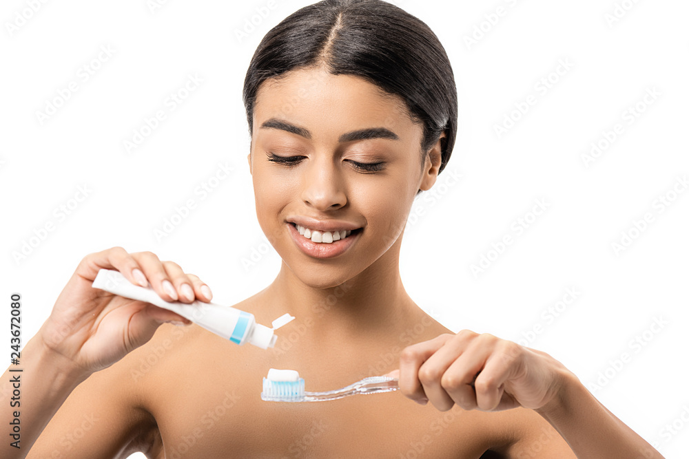Beautiful Smiling Naked African American Woman Holding Toothbrush And