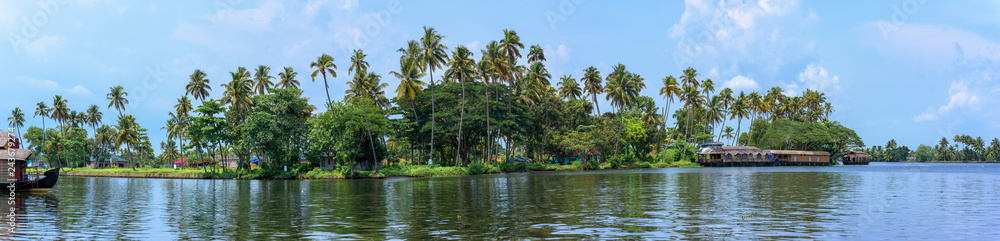 Panoramic river view and boat in Kerala's Backwaters, India. Stock ...