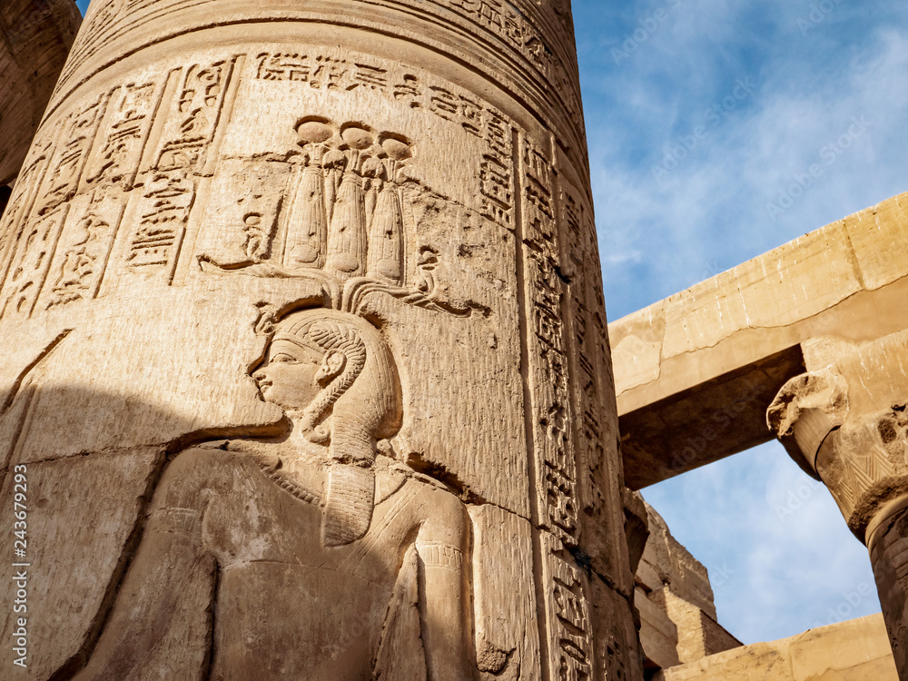 Kom Ombo Temple hieroglyphs from the Ptolemy dynasty. The temple is ...