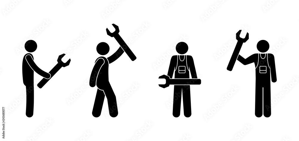 stick figure man icon, wrench, pictogram people, repair tool, isolated ...