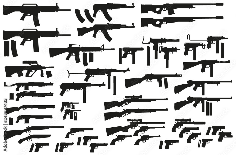 Graphic black detailed silhouette pistols, guns, rifles, submachines ...