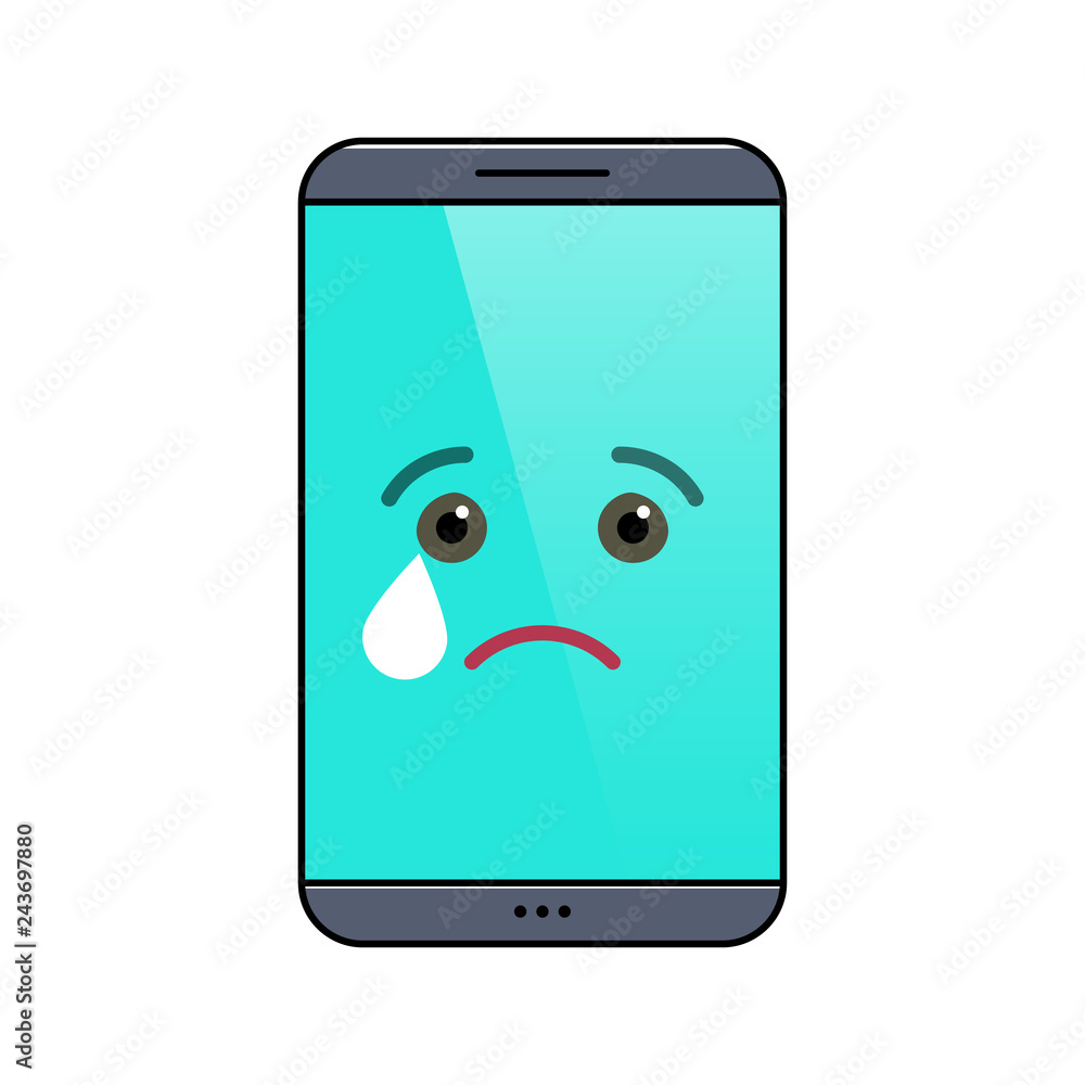 Crying mobile phone isolated emoticon icon. Tragic digital device emoji ...