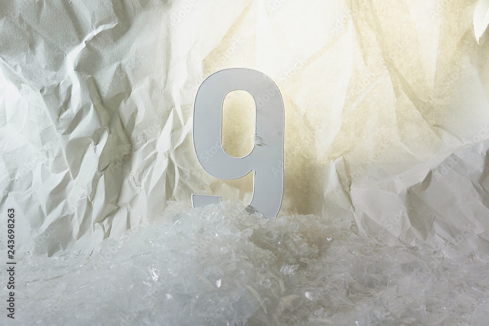 9 number nine, graphic white digit and creative typography with snow ...