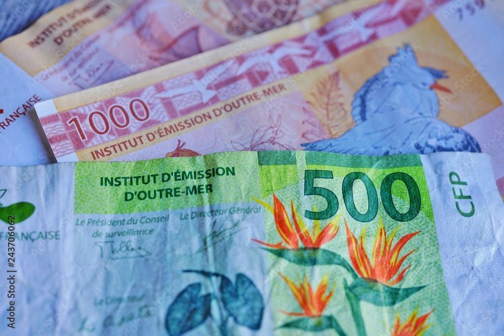 View of a money bill denominated in CFP francs (XPF), the currency used ...