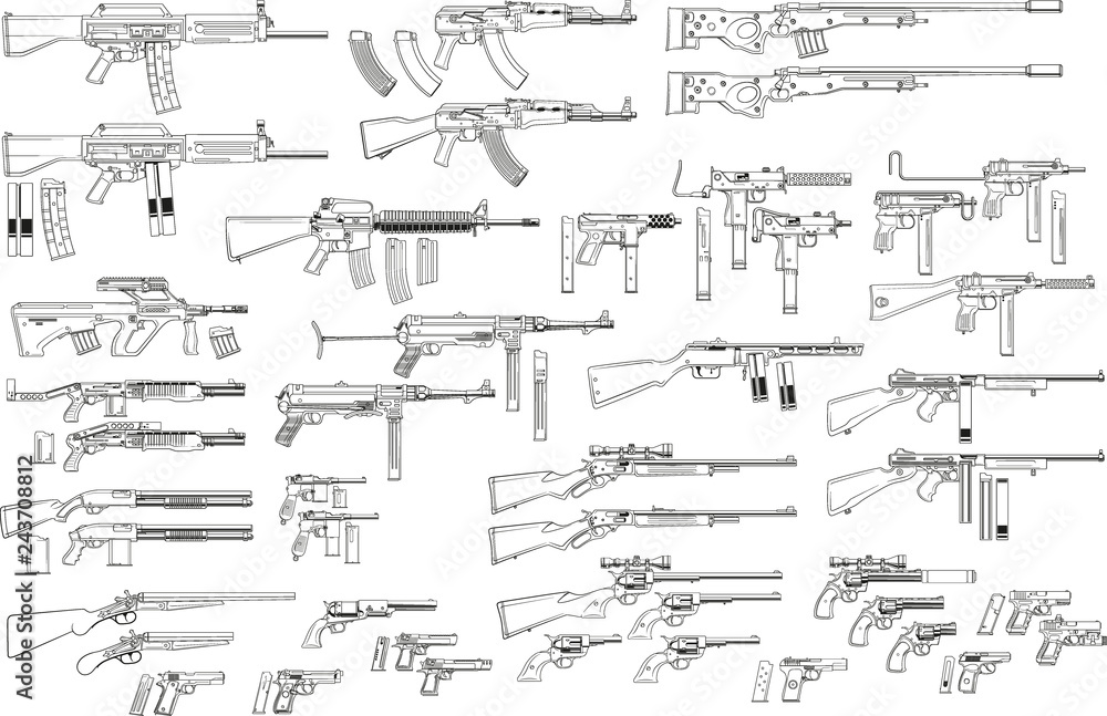 Graphic black and white detailed silhouette pistols, guns, rifles ...