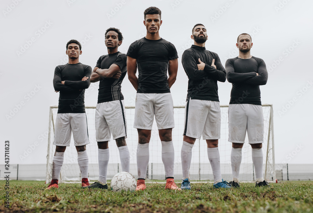 Footballers standing side by side on a soccer field Stock Photo | Adobe ...
