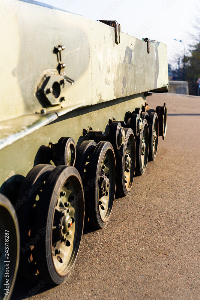Damaged body of a military armored infantry. Parts of wheelbase vehicle ...