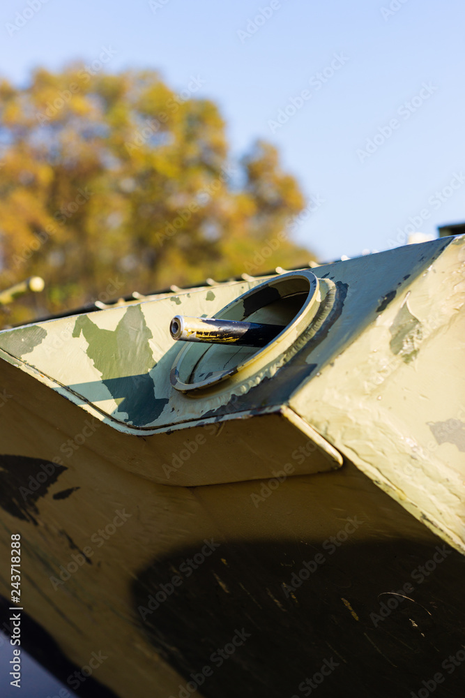 Damaged body of a military armored infantry. Outdoor military vehicles ...