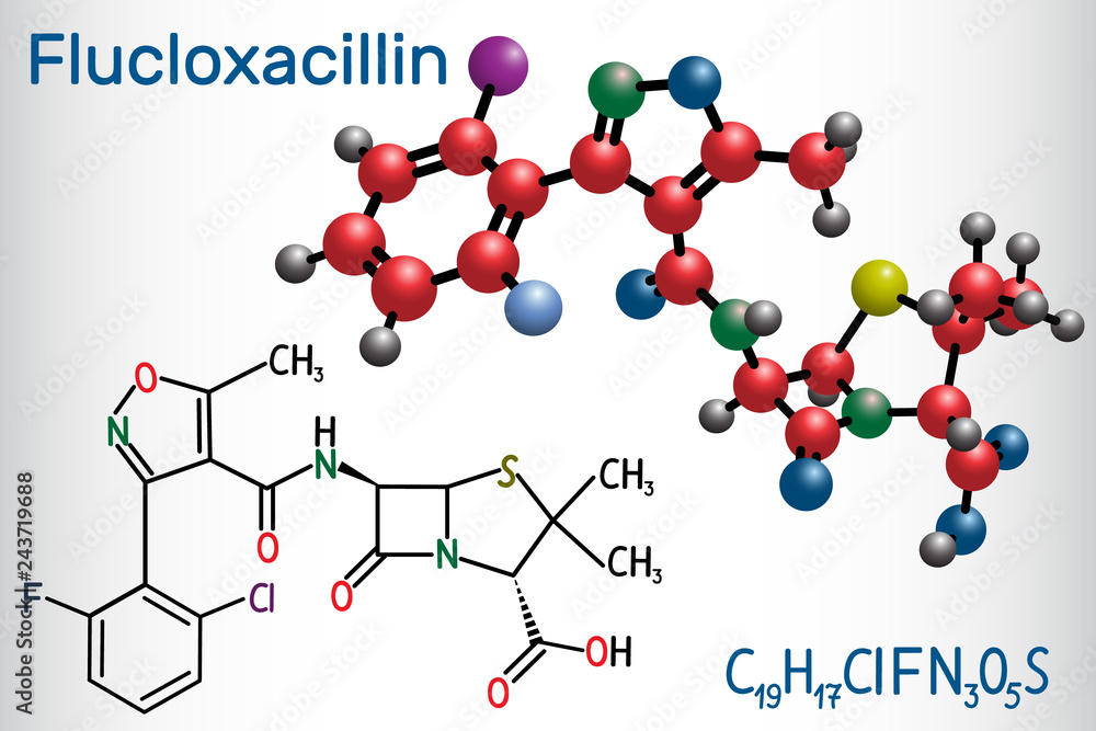 Flucloxacillin (floxacillin) molecule. It is beta-lactam antibiotic of ...