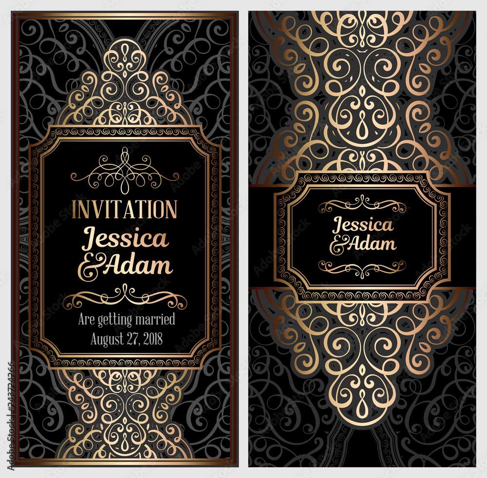 Black and gold luxury wedding invitation card with golden shiny eastern ...