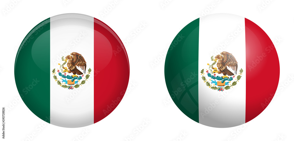 Mexico flag under 3d dome button and on glossy sphere / ball. Stock ...
