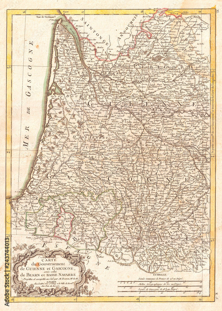1771, Bonne Map of Guyenne and Gascony, France, Rigobert Bonne 1727 ...