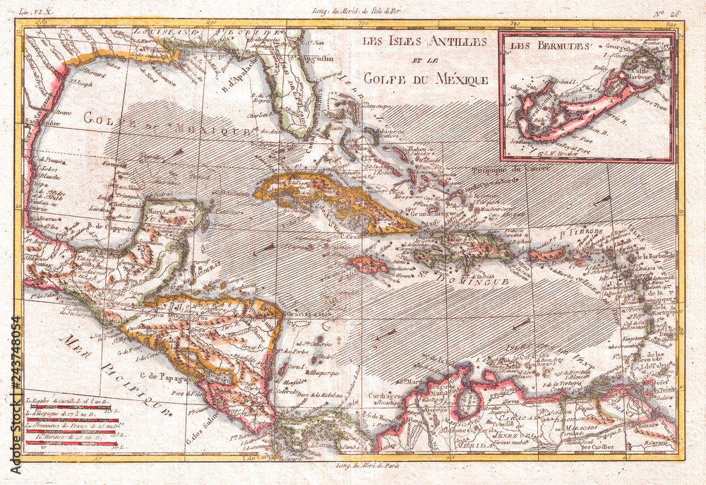 1780, Raynal and Bonne Map of the West Indies, Caribbean, and Gulf of ...