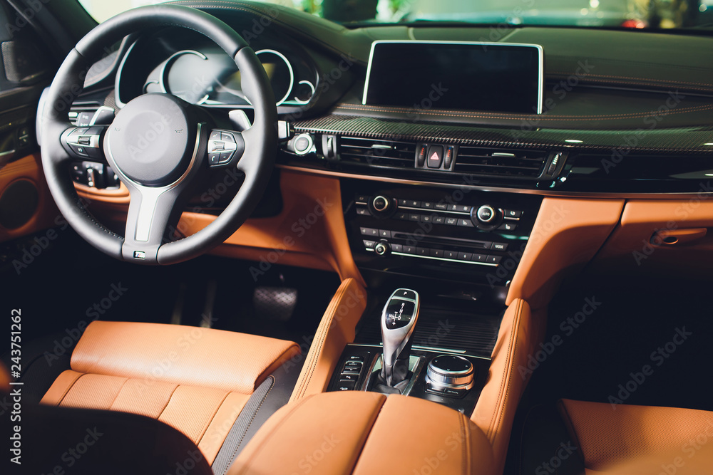 Modern Luxury car inside. Interior of prestige modern car. Comfortable ...