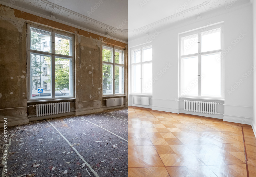 flat renovation, empty room before and after refurbishment or ...