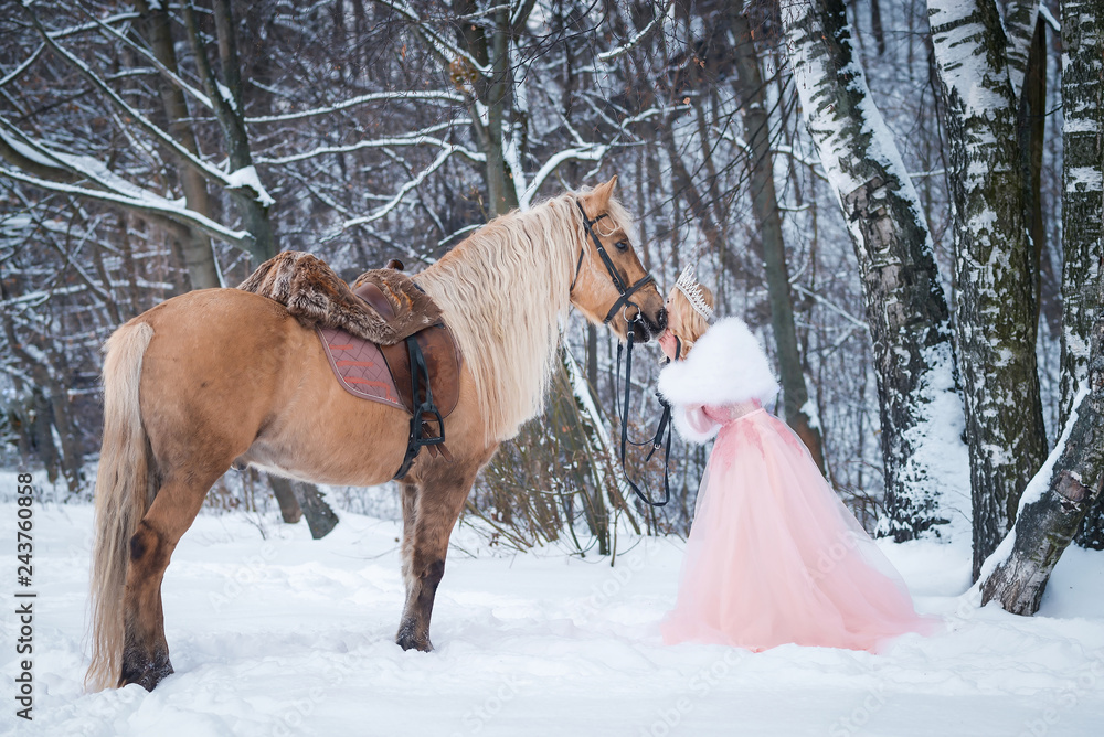 Princess in crown with horse in winter. Fairy tale.. Stock Photo ...