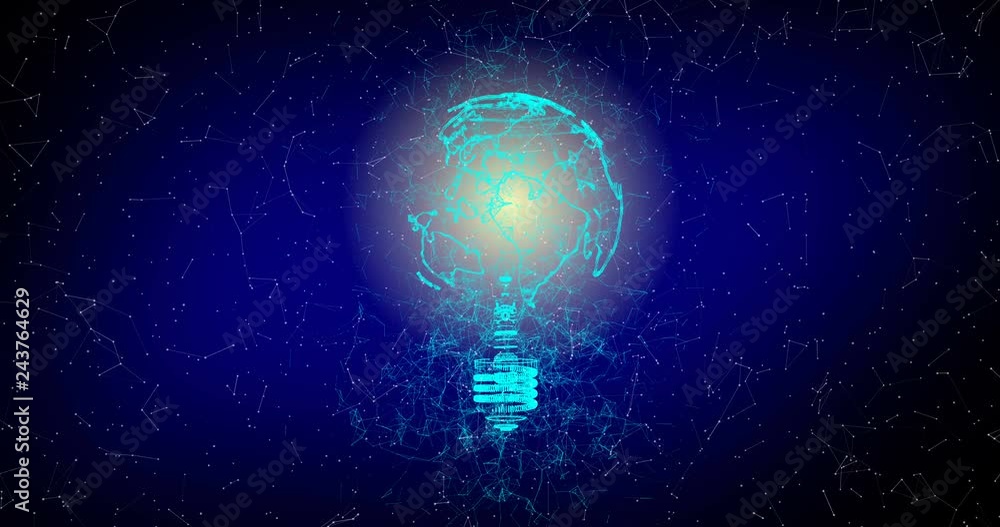 Animation of flying flickering particles form a lamp bulb sign or idea ...