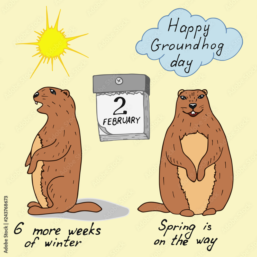 Groundhog Day color cartoon illustration with handwritten lettering ...