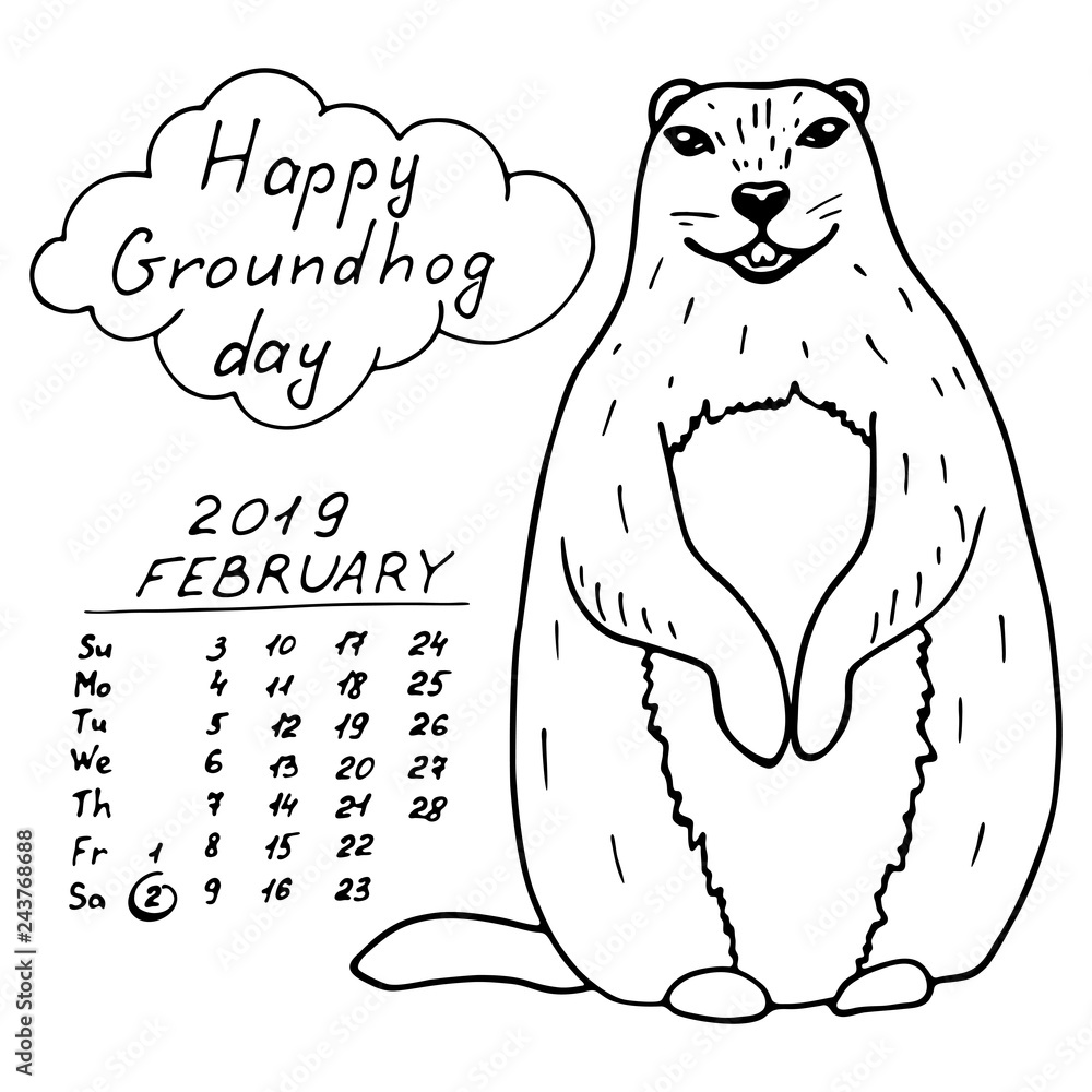 Groundhog Day outline doodle illustration with handwritten text ...