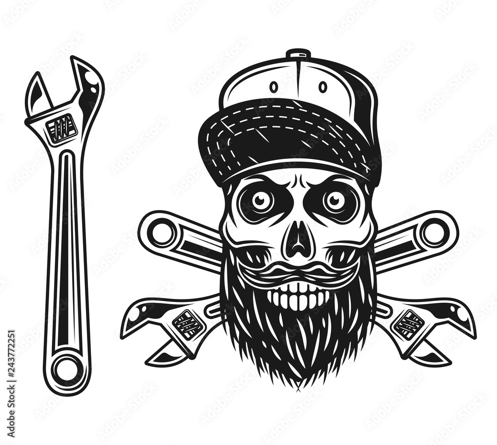 Mechanic skull in baseball cap and wrench vector Stock Vector | Adobe Stock