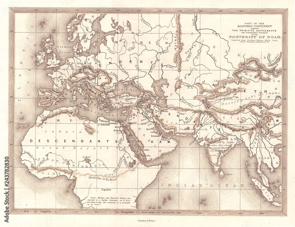 1850s Map of the World of the Biblical Noah Stock Illustration | Adobe ...