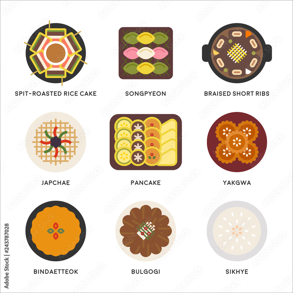 Korean traditional food menu icon set. flat design vector graphic style ...