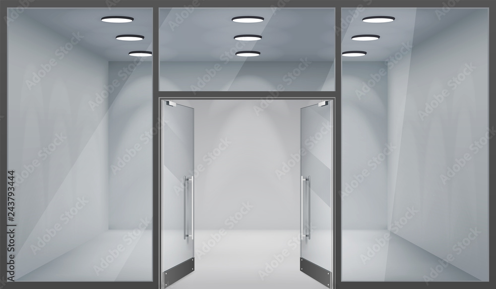 Store front open doors 3d shop empty interior realistic windows space ...