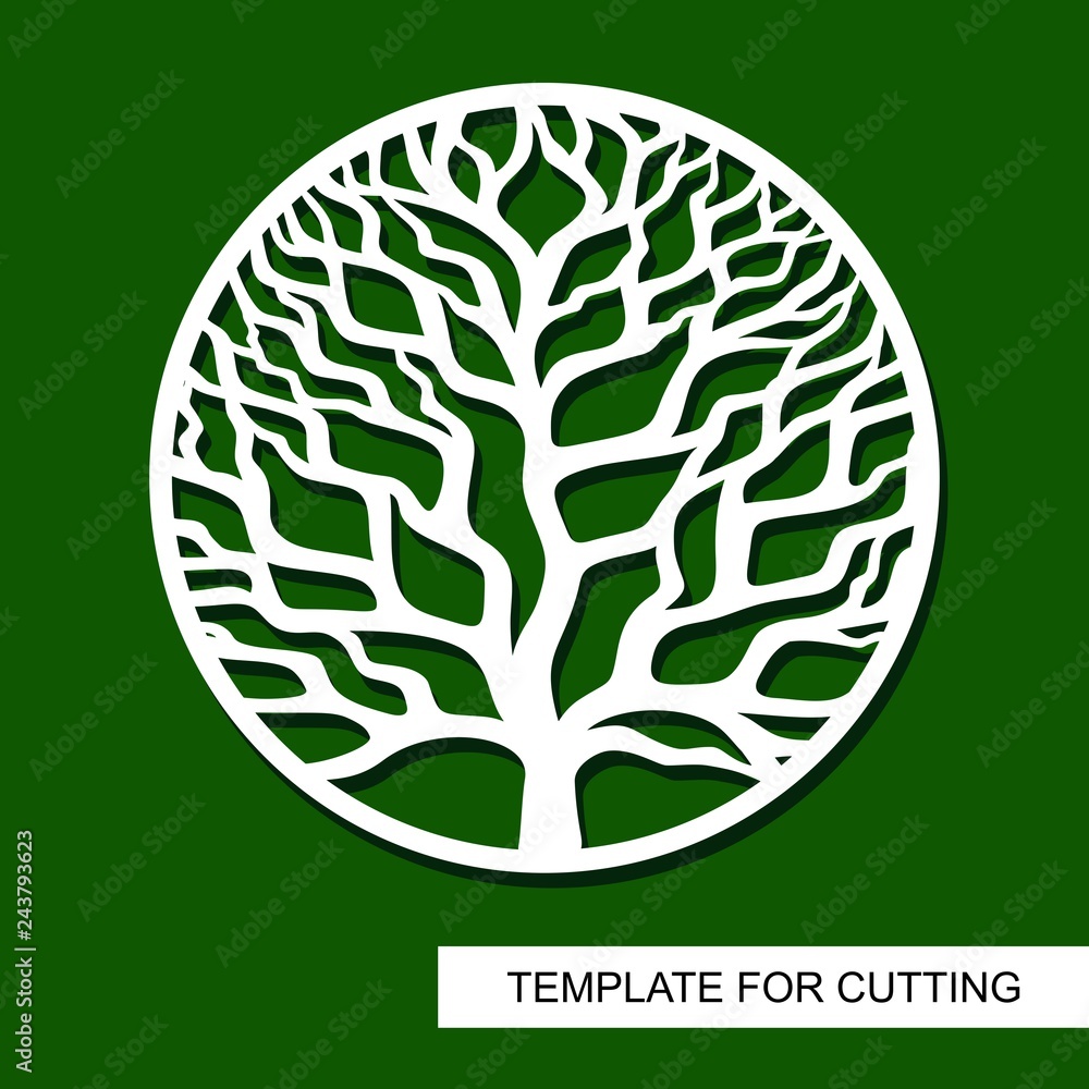 Tree silhouette in a round frame. Template for laser cut, wood carving ...