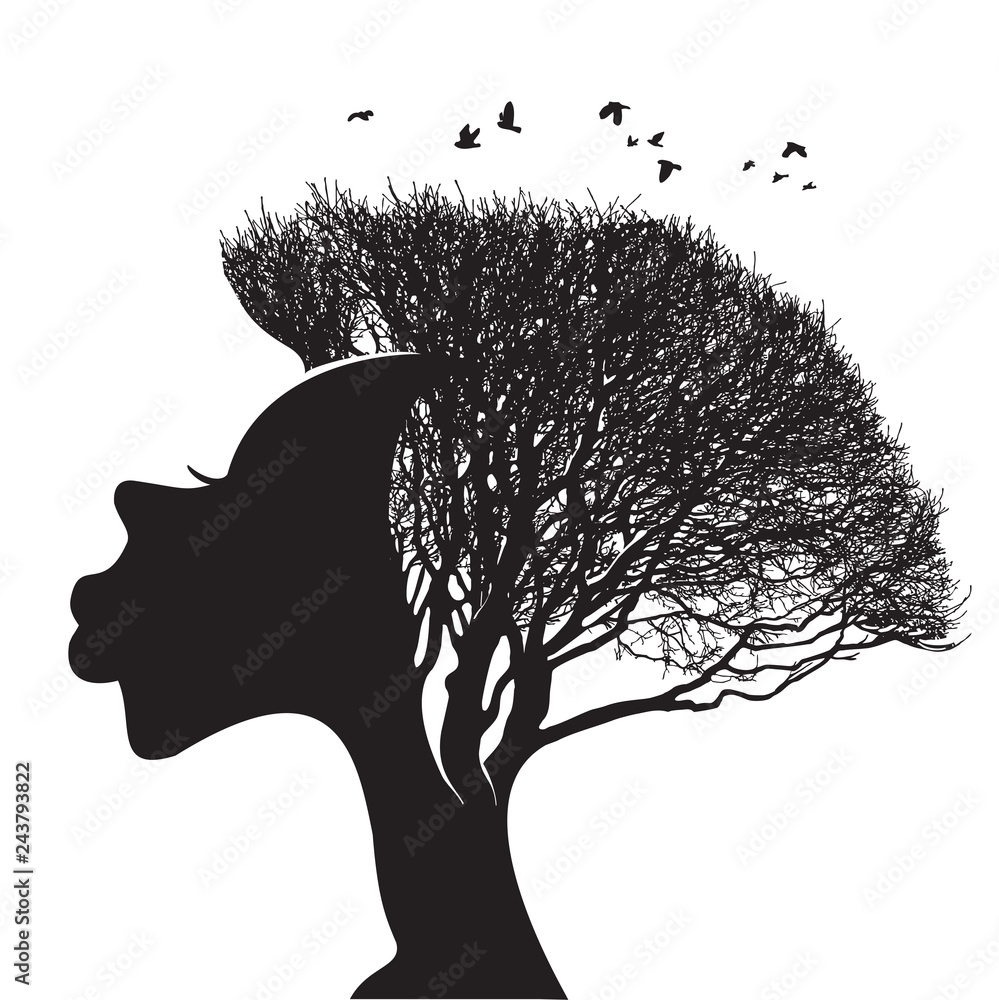 Woman face and tree silhouette - vector illustration. Double exposure ...