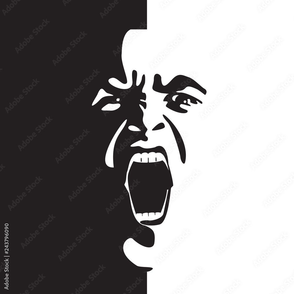 Screaming face shout in black and white vector graphics. Emotional ...
