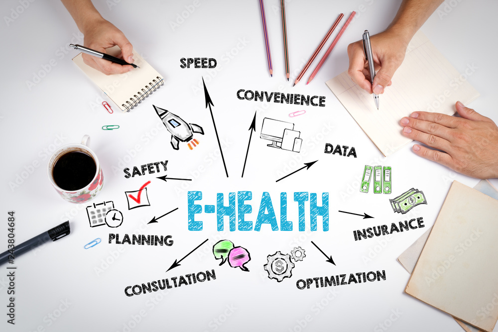 E-health concept. Chart with keywords and icons. The meeting at the ...