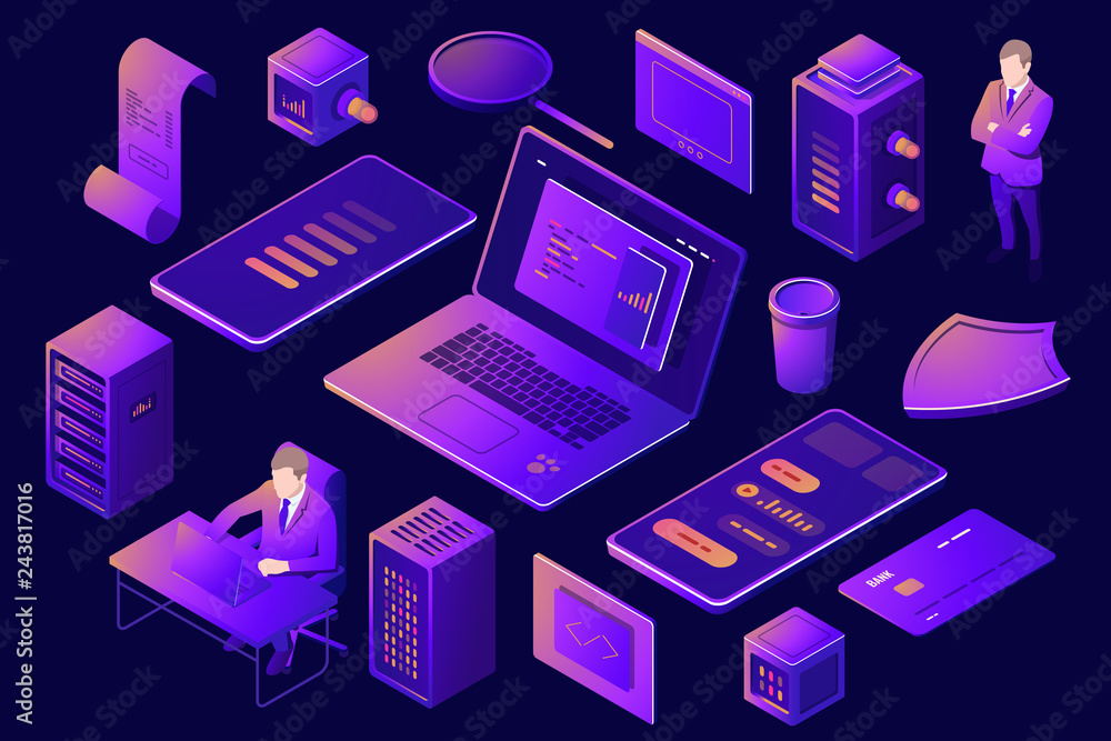 Set of elements for design of digital technology, server room rack farm ...