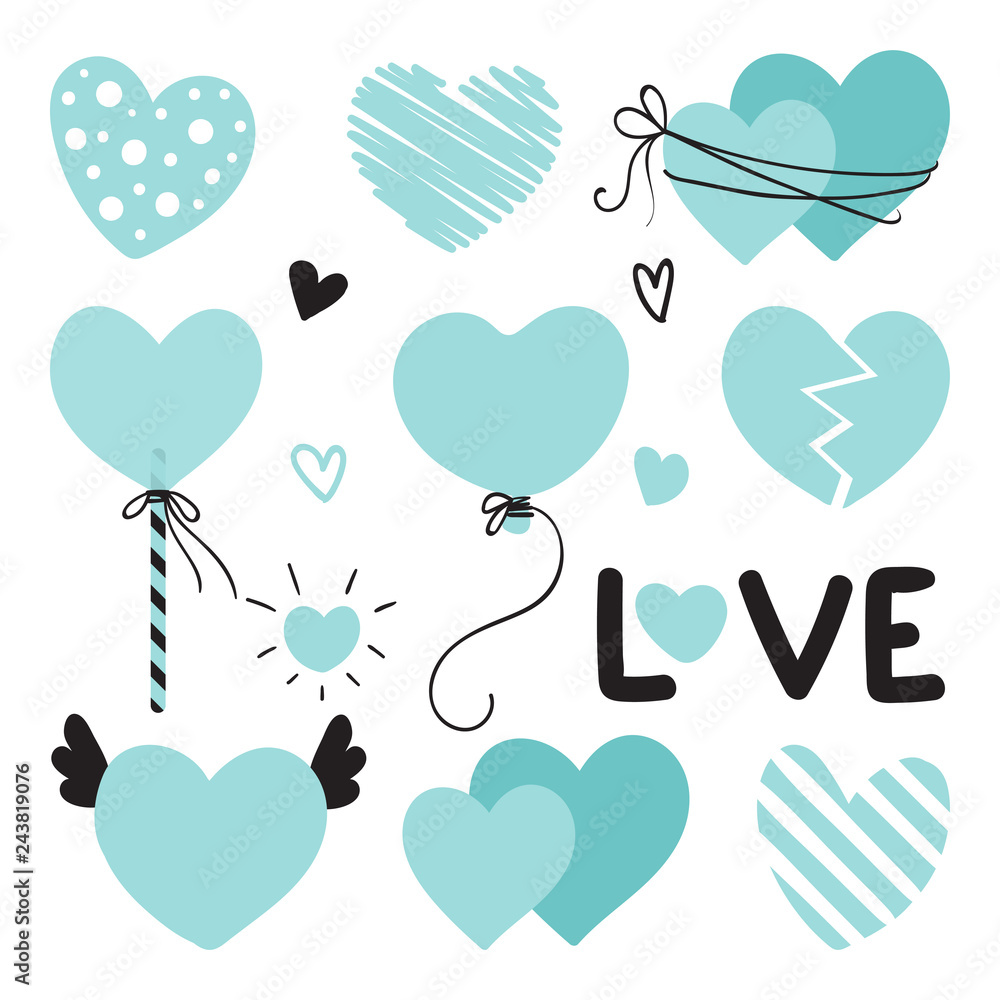 Set of different blue hearts with lettering for Valentines Day, wedding ...