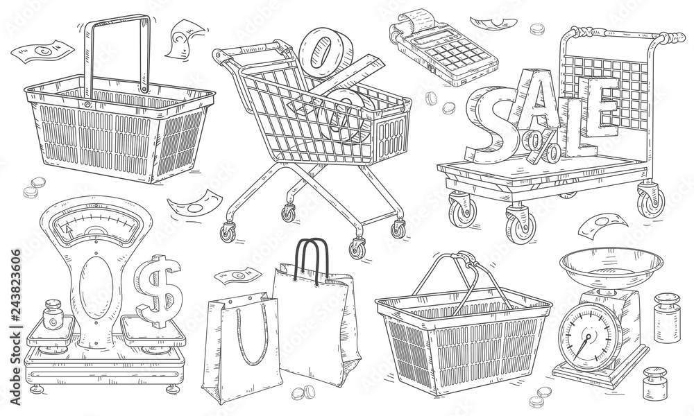 shopping doodles hand drawn set, baskets and shopping carts, scales and ...