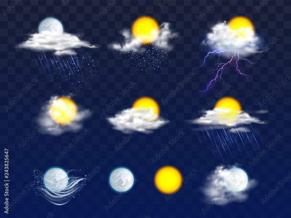 Sun and moon disks clear and in clouds with rain and snow icons 3d ...