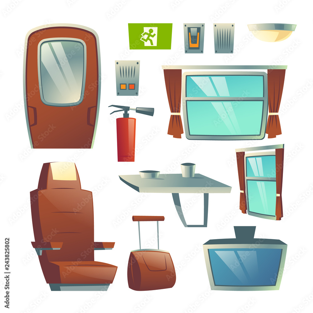 Railway passenger train wagon saloon interior design elements cartoon ...