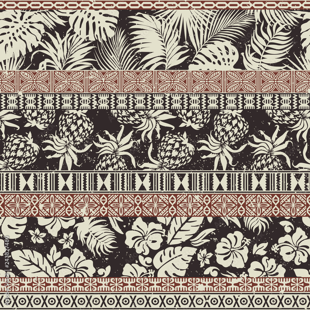 Hawaiian style wallpaper with hibiscus plant and tribal symbol vector ...