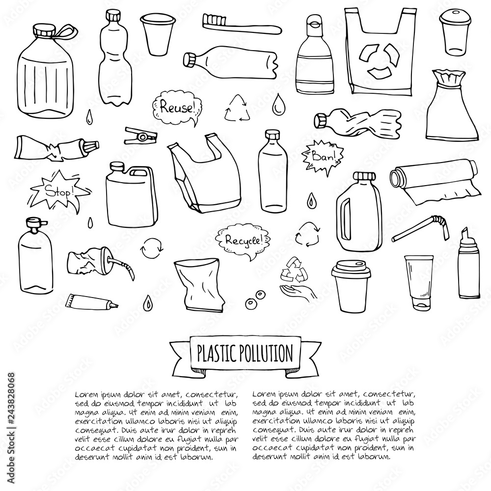 Hand drawn doodle Stop plastic pollution icons set Vector illustration ...