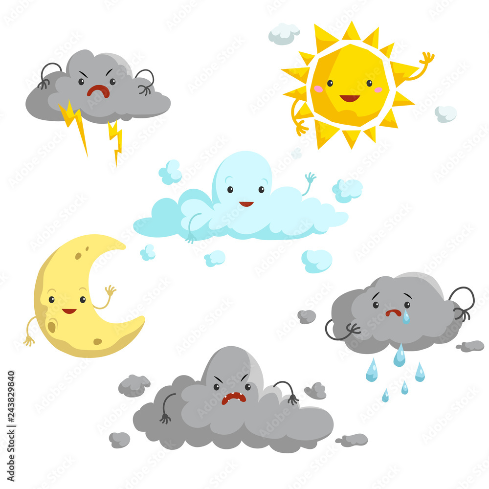 Cartoon weather mascots set. Comic anime style characters. Sun, clouds ...